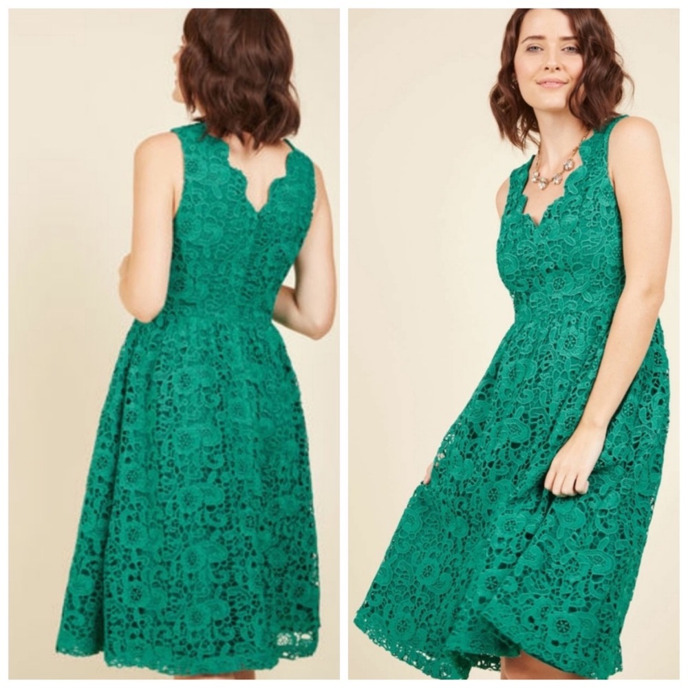 Modcloth Emerald Green Lace Crochet Midi Dress Scallo… - Gem